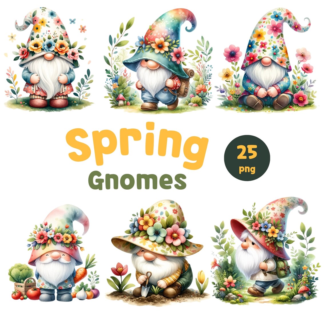 Spring Gnomes Clipart Bundle, 25 High Quality Pngs, Watercolor Clipart ...