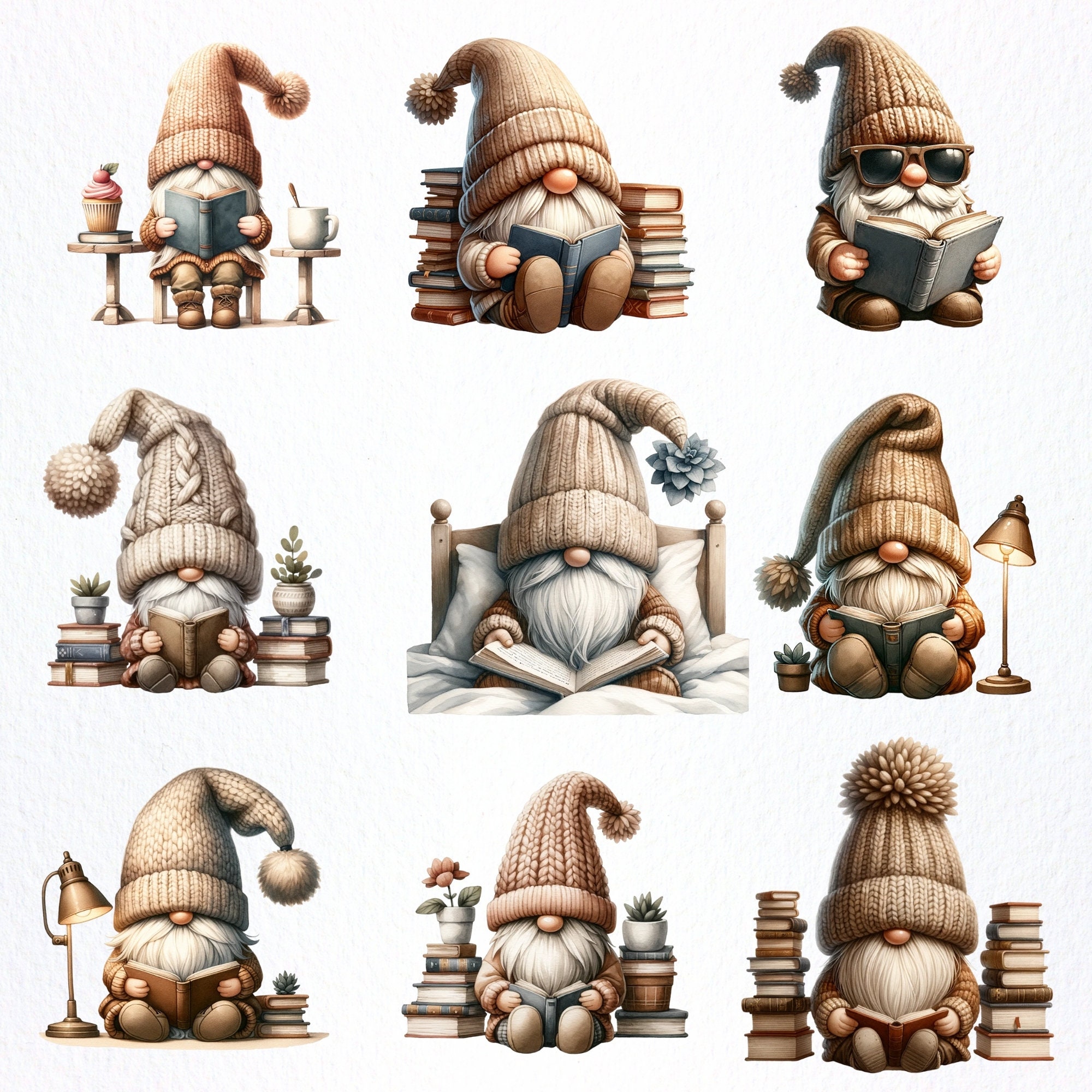 Watercolor Reading Gnomes, Book Lover Gnome Png, Reading a Book Gnomes ...
