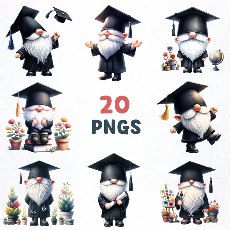 Watercolor Graduation Gnome Clipart PNG Bundle 20 High-quality Pngs ...