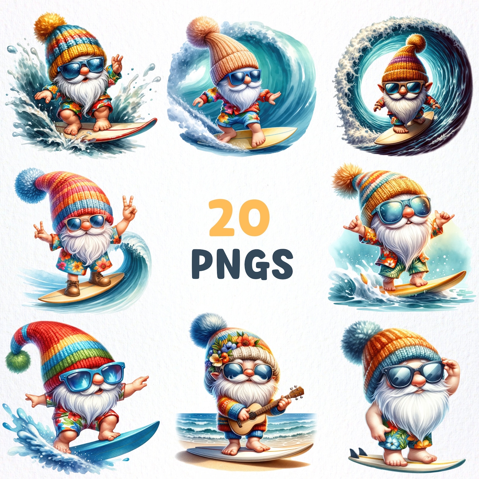 Watercolor Surf Gnome Clipart Bundle | 20 High-quality Pngs | Surfing ...