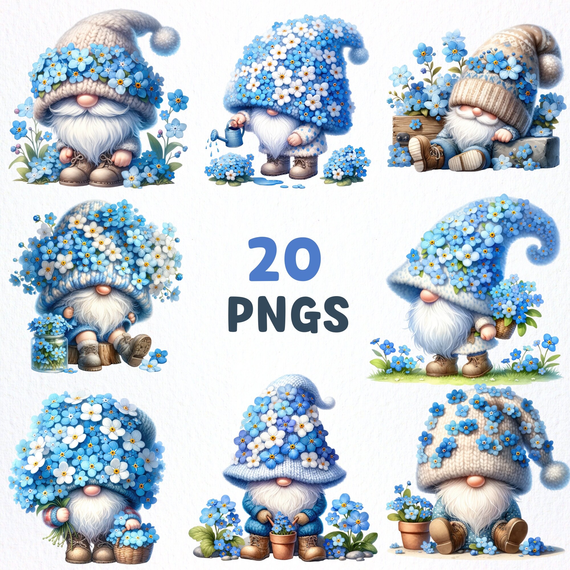 Watercolor Forget Me Not Gnome Clipart Bundle 20 High-quality Pngs ...