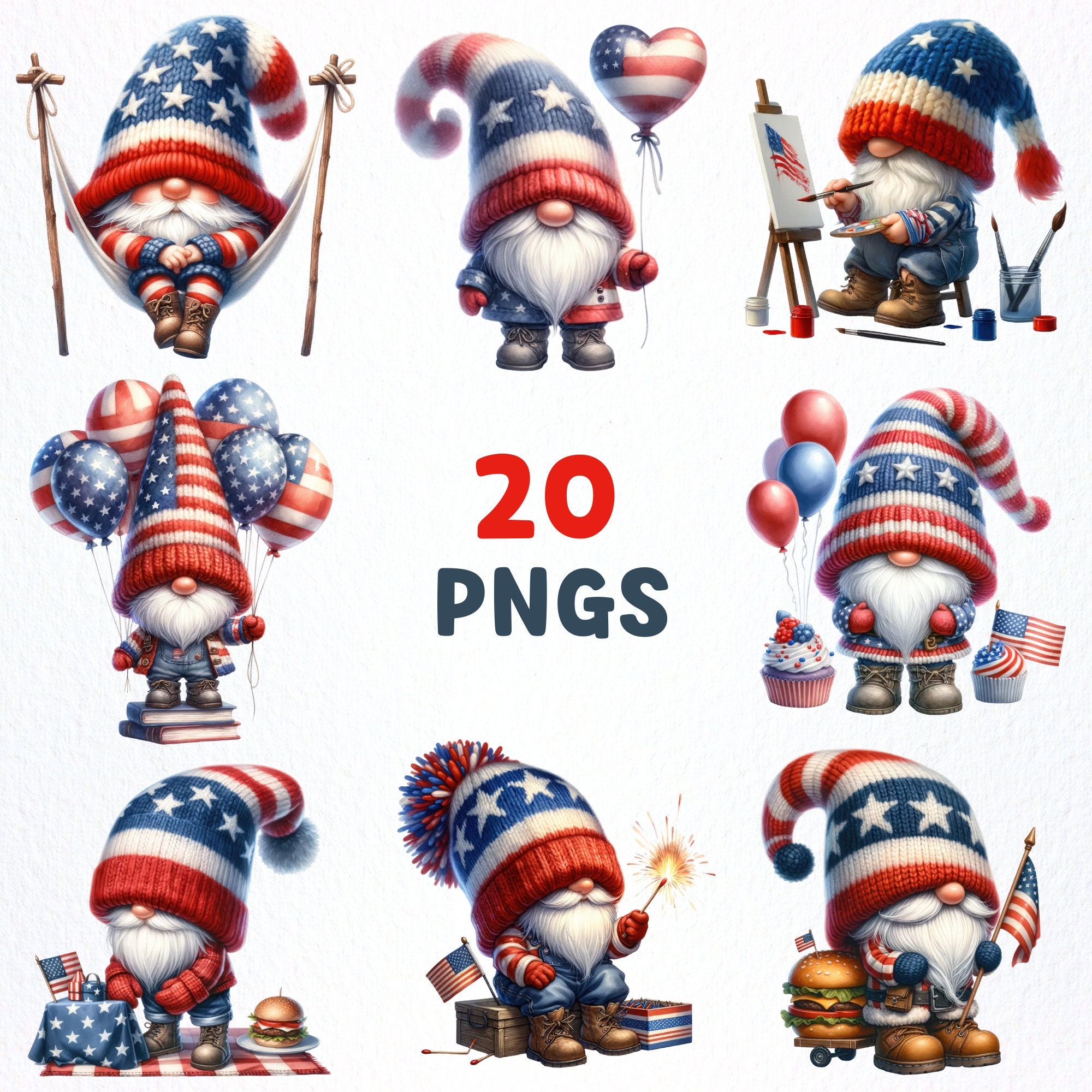 Watercolor Patriotic Gnome Clipart PNG Bundle 20 High-quality Pngs ...