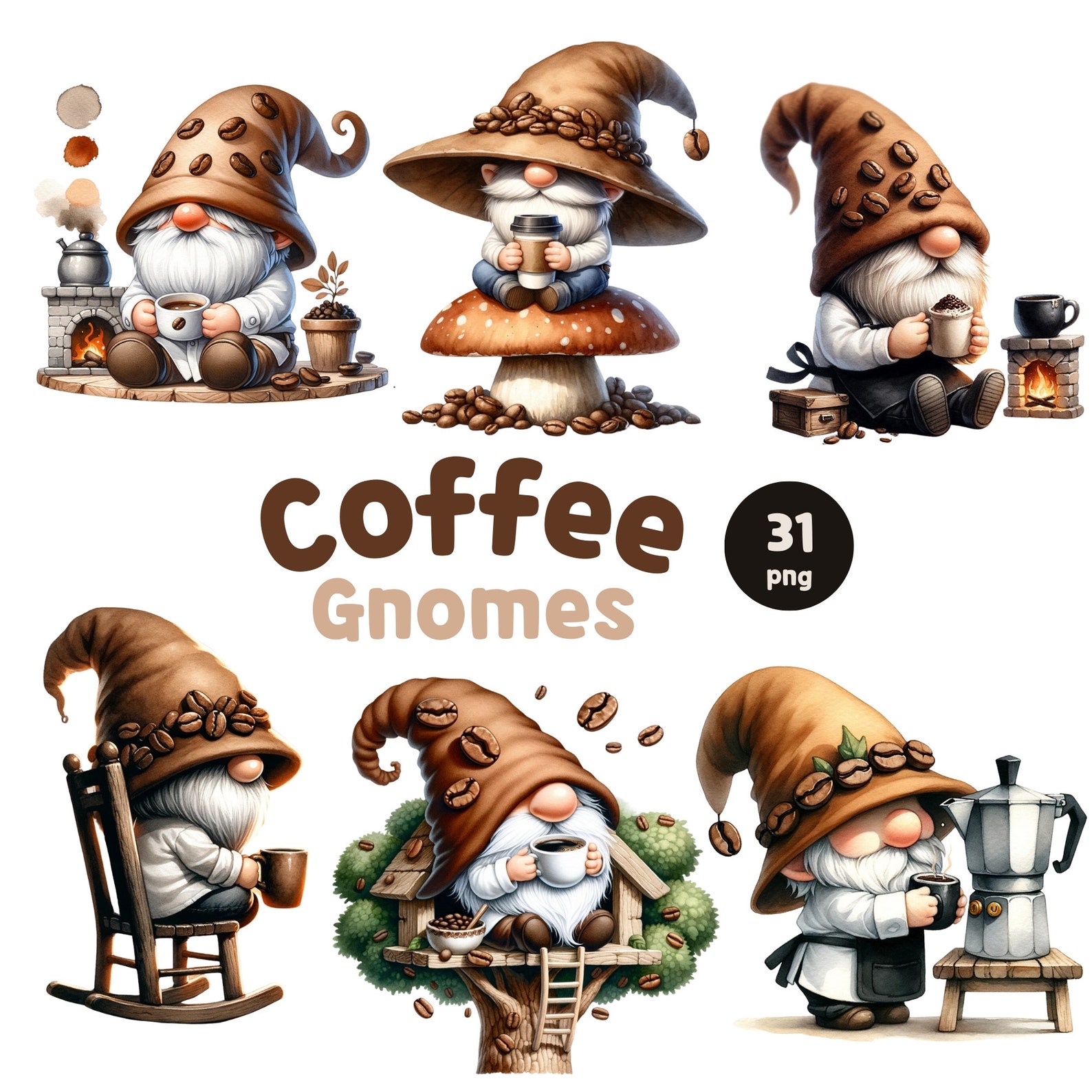 Watercolor Coffee Bean Gnomes, Coffee Gnomes Png, Coffee Latte Gnome ...