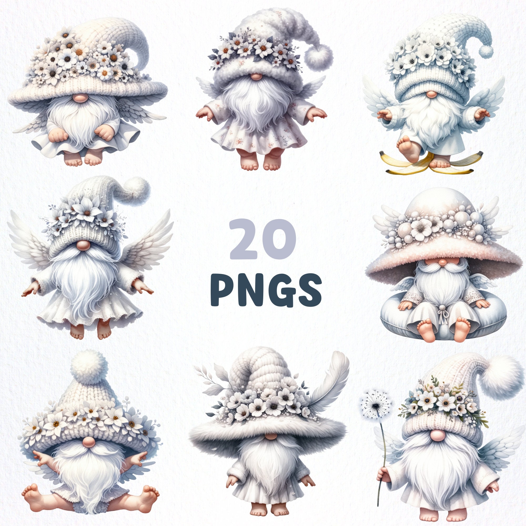 Watercolor White Angel Gnome Clipart PNG Bundle 20 High-quality Pngs ...