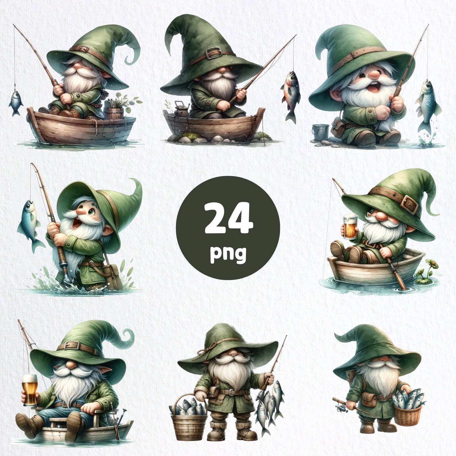 Watercolor Fishing Gnomes, Fisherman Gnome Png, Fly Fishing Gnomes ...