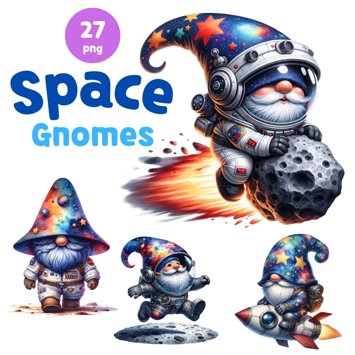 Watercolor Space Gnomes, Space Gnomes Png, Rocket Gnome, Cute Gnomes ...