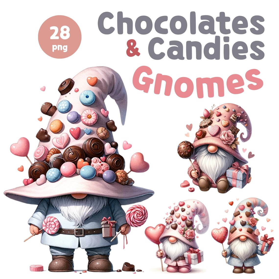 Watercolor Chocolates Candies Gnomes, Valentines Gnomes Png, Candy ...