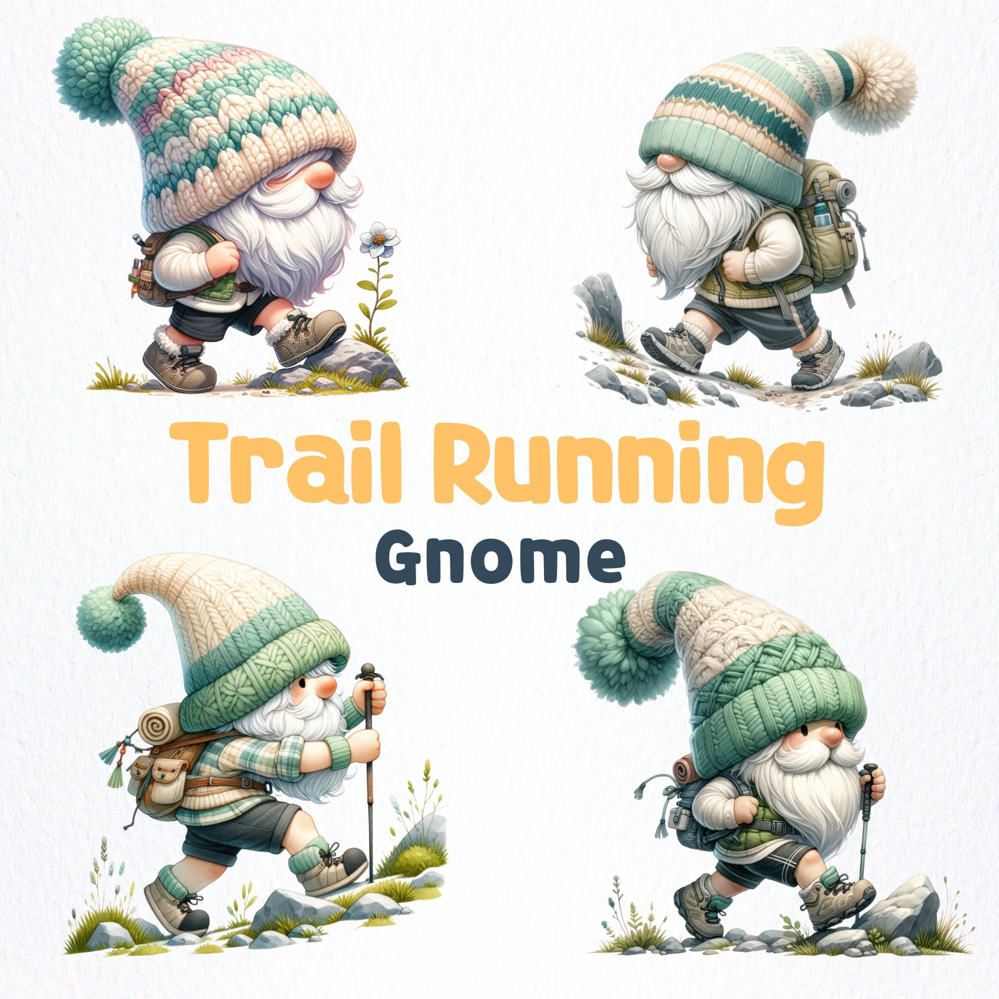 Watercolor Trail Running Gnome Clipart Bundle 20 High-quality Pngs ...