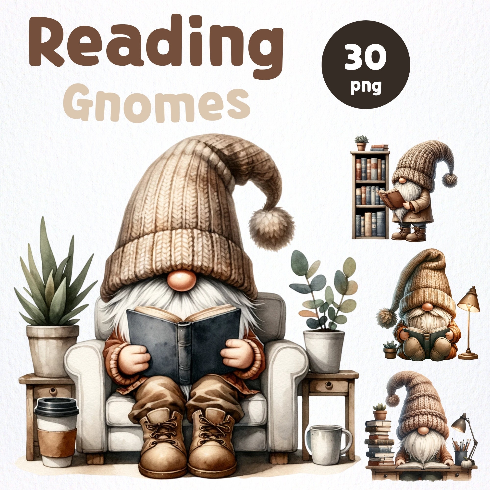 Watercolor Reading Gnomes, Book Lover Gnome Png, Reading a Book Gnomes ...