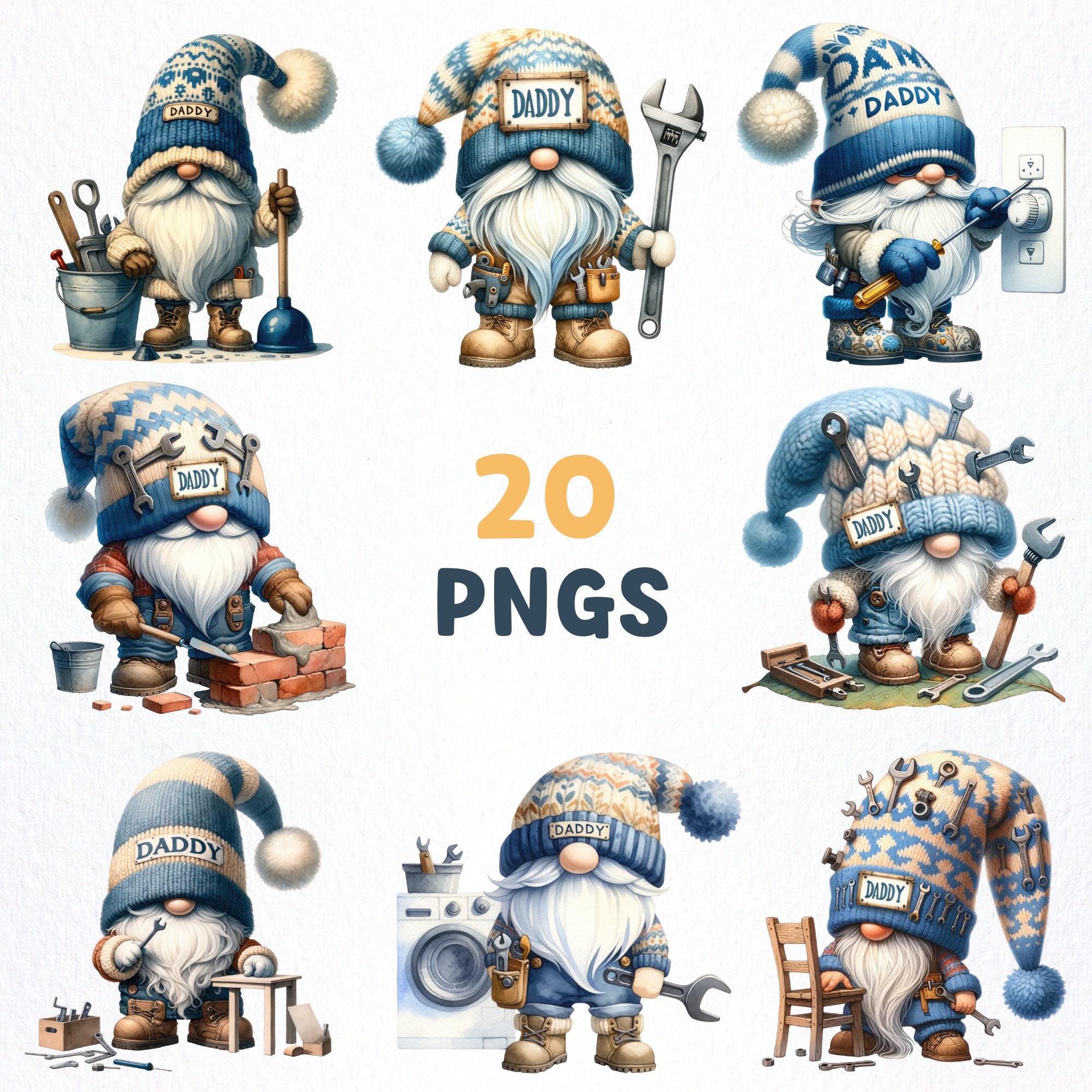 Watercolor Fix Dad Gnome Clipart PNG Bundle 20 High-quality Pngs Wall ...