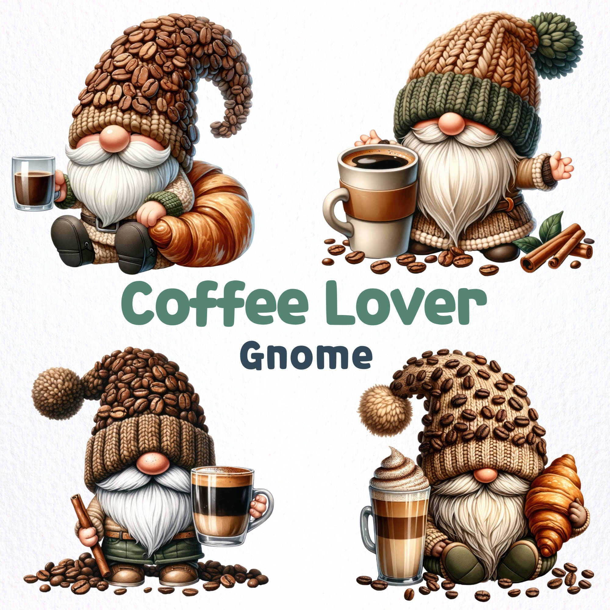 Watercolor Coffee Lover Gnome Clipart Bundle 20 High-quality Pngs Gnome ...