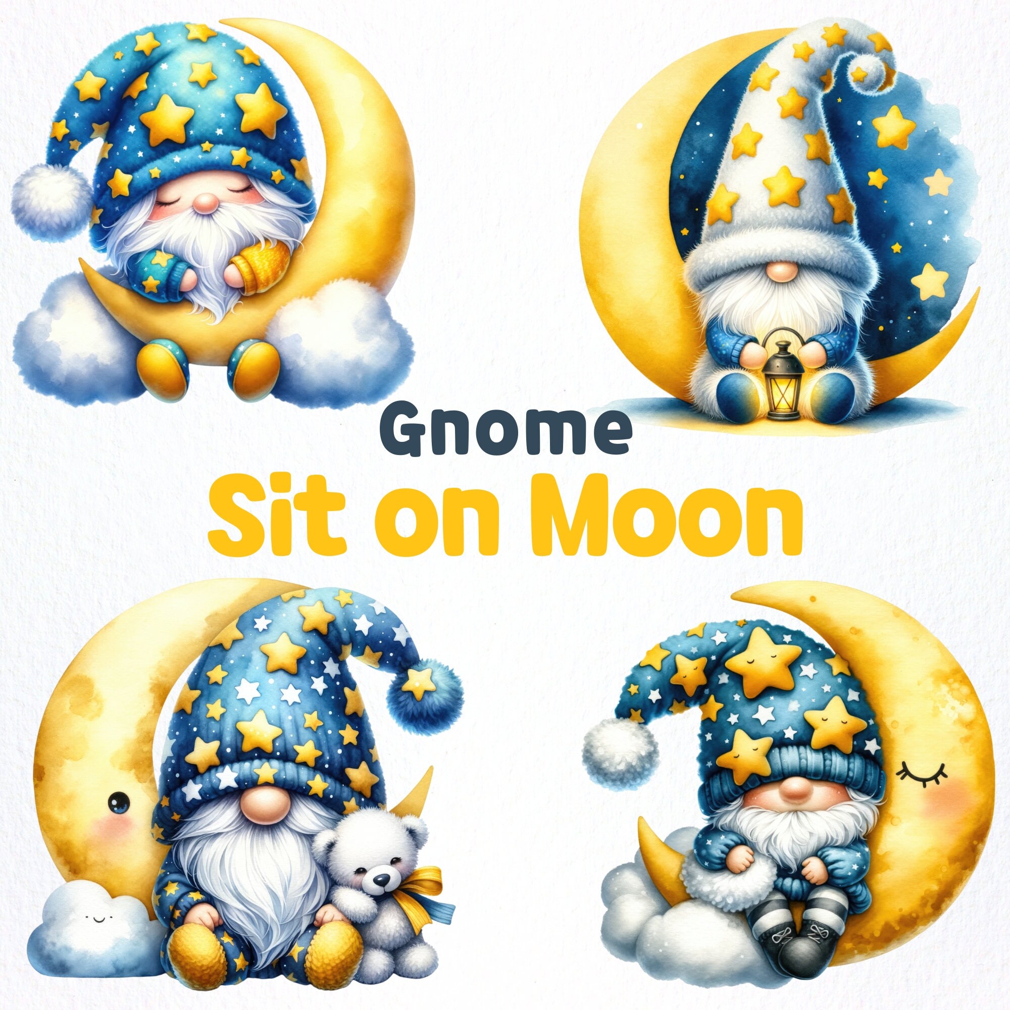 Watercolor Gnome Sit on the Moon Clipart Bundle 20 High-quality Pngs ...