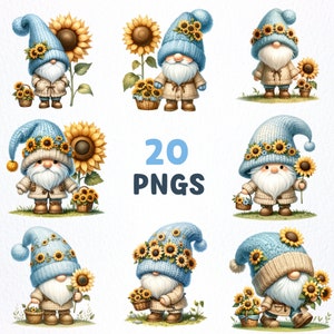 Watercolor Sunflower Gnome Clipart Bundle | 20 High-quality Pngs ...