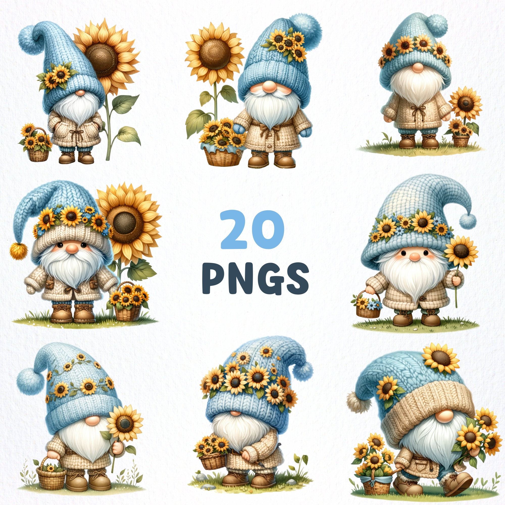 Watercolor Sunflower Gnome Clipart Bundle 20 High-quality Pngs ...