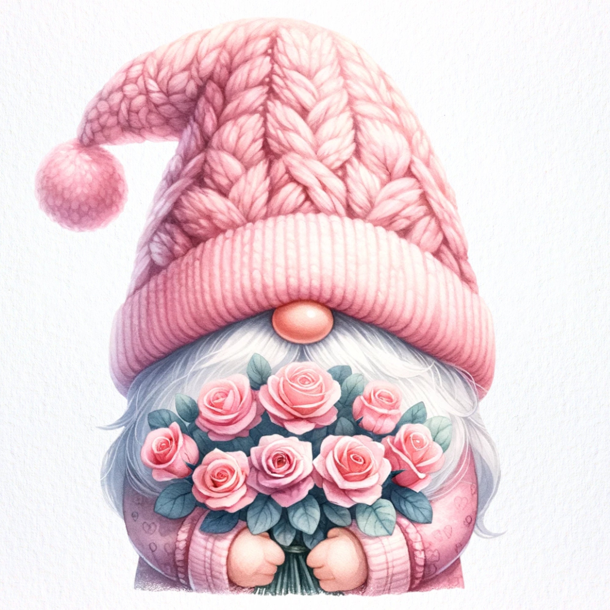 Watercolor Gnome With Pink Rose Clipart 10 High-quality Pngs Digital ...