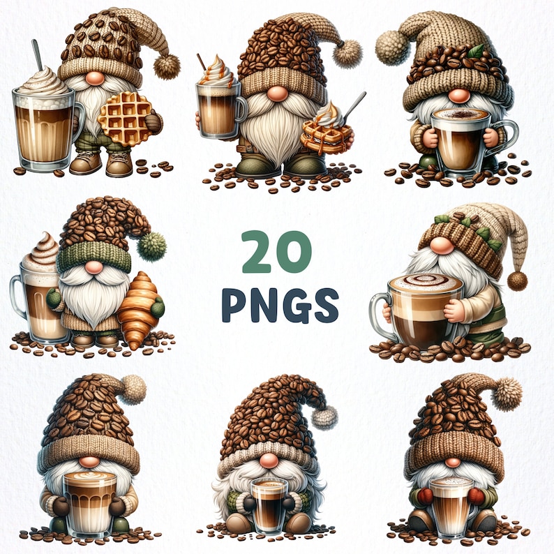 Watercolor Coffee Lover Gnome Clipart Bundle 20 High-quality Pngs Gnome ...