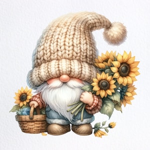 Watercolor Sunflower Gnomes, Gnome With Flowers Png, Garden Gnomes ...