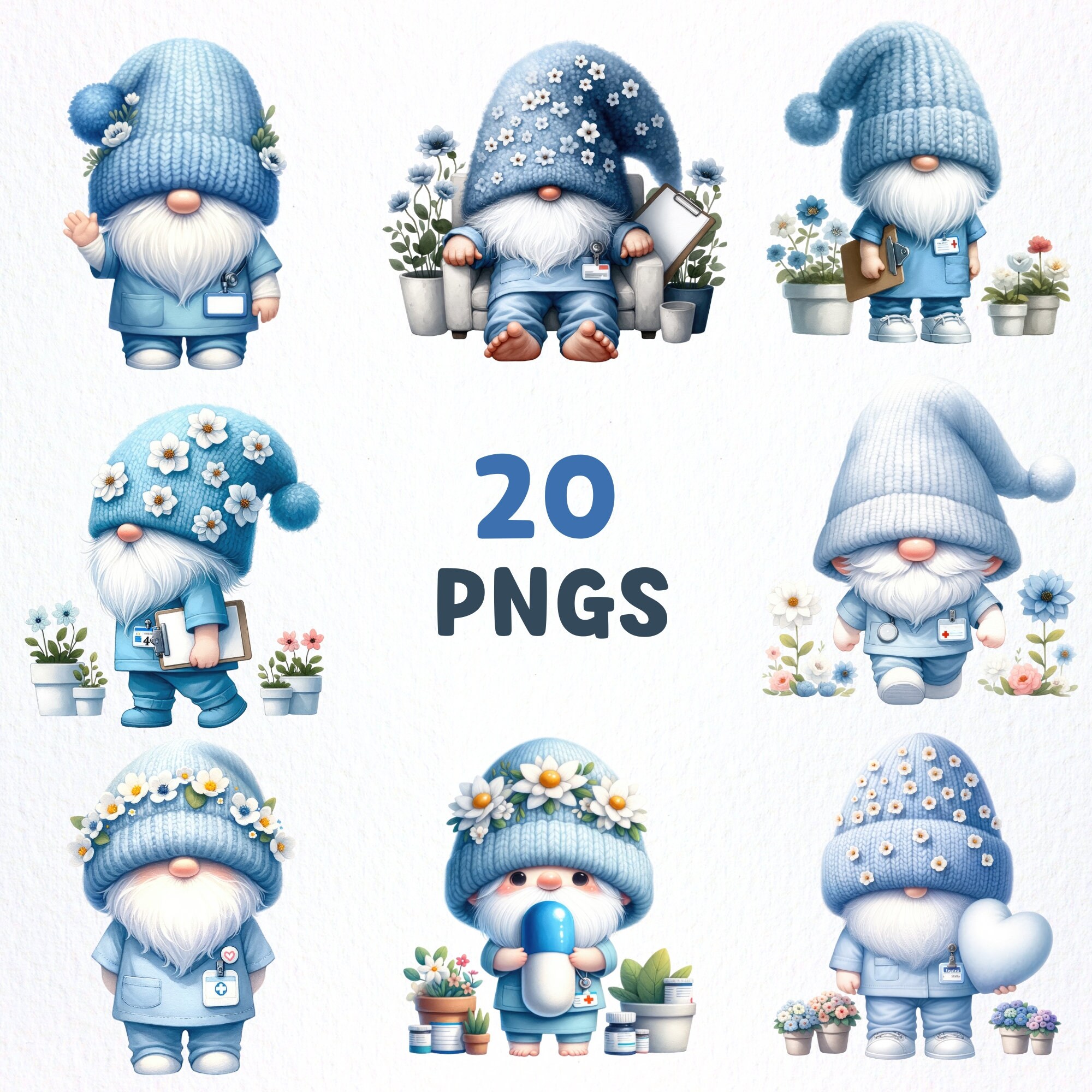 Watercolor Nurse Gnome Clipart Bundle 20 High-quality Pngs Healthcare ...