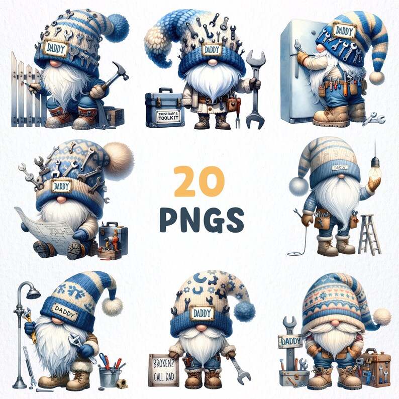 Watercolor Fix Dad Gnome Clipart PNG Bundle 20 High-quality Pngs Wall ...