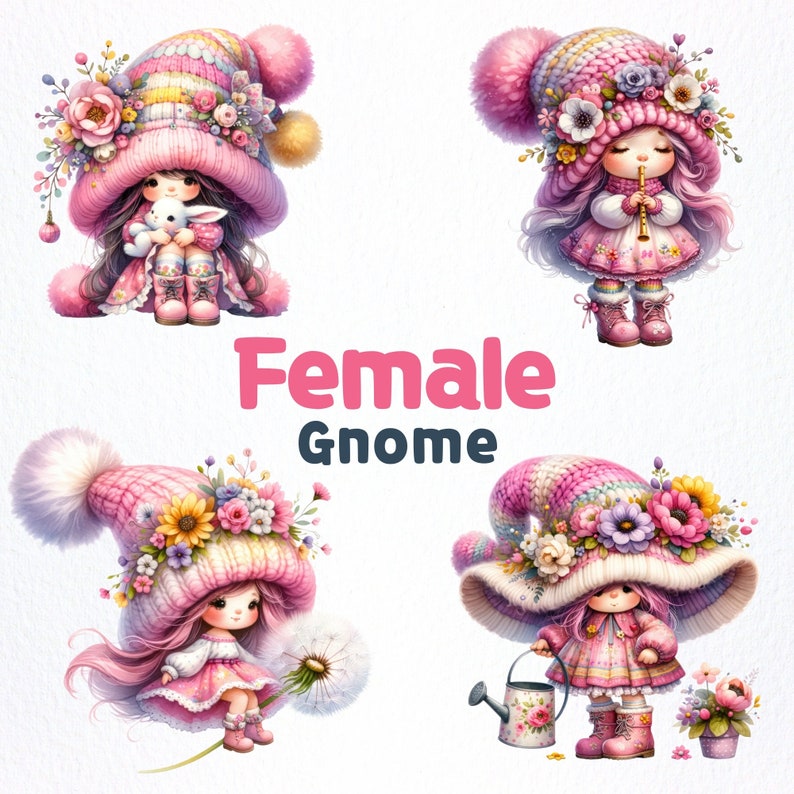 Watercolor Female Gnome Clipart Bundle 20 High-quality Pngs Woman Gnome ...