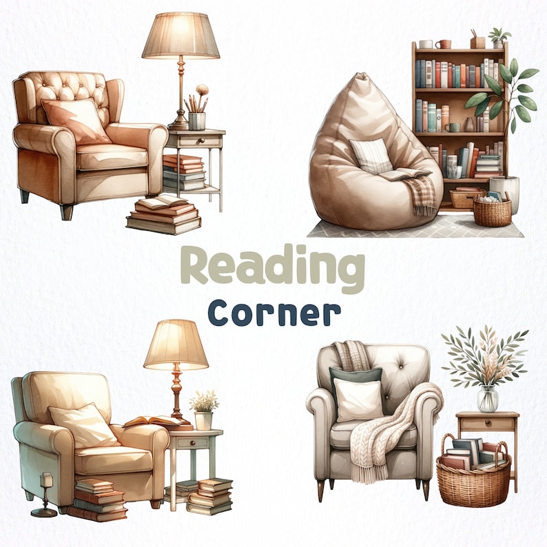 Watercolor Reading Corner Clipart Bundle 10 High-quality Pngs Reading ...