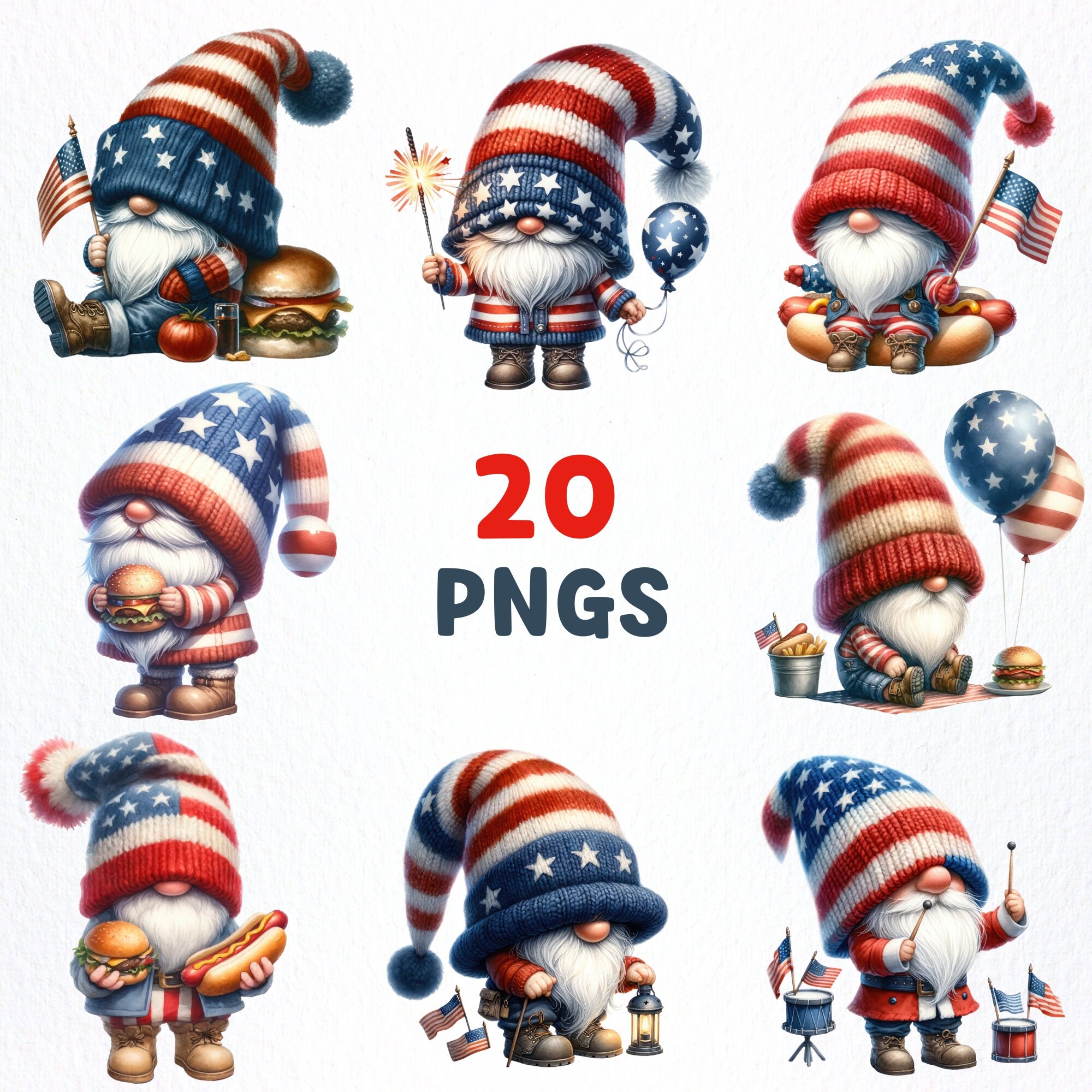 Watercolor Patriotic Gnome Clipart PNG Bundle 20 High-quality Pngs ...