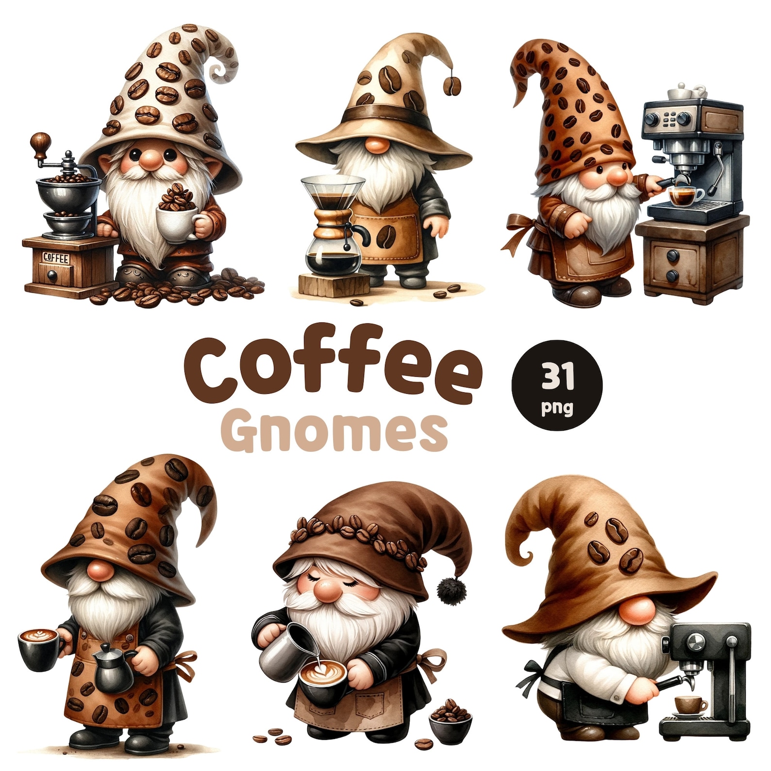Watercolor Coffee Bean Gnomes, Coffee Gnomes Png, Coffee Latte Gnome ...