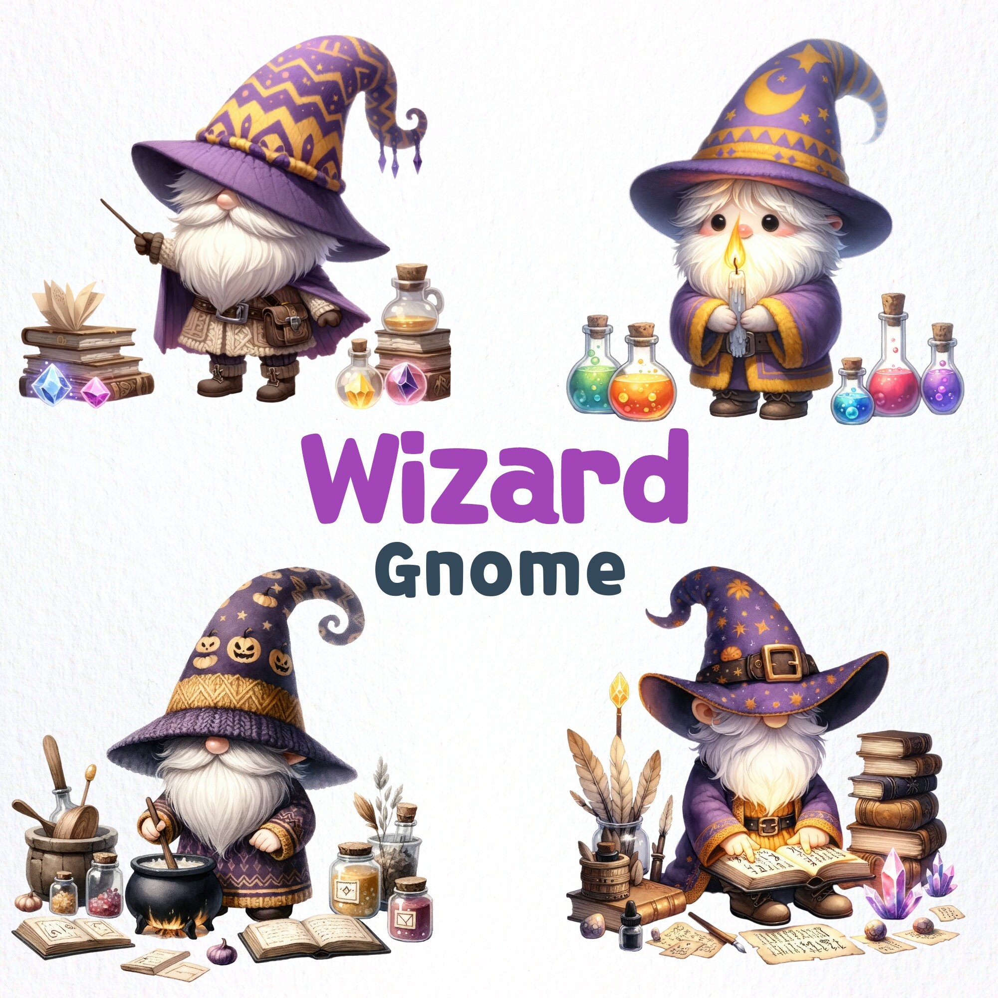 Watercolor Wizard Gnome Clipart PNG Bundle 20 High-quality Pngs Nursery ...