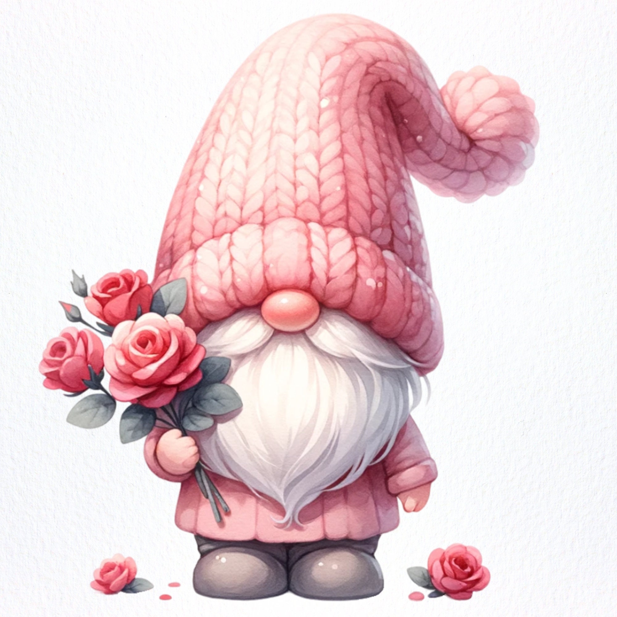 Watercolor Gnome With Pink Rose Clipart 10 High-quality Pngs Digital ...