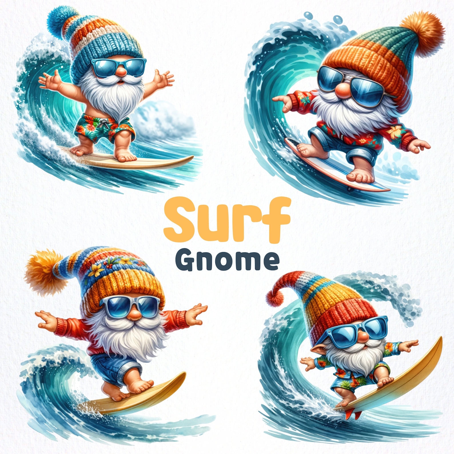Watercolor Surf Gnome Clipart Bundle 20 High-quality Pngs Surfing Gnome ...