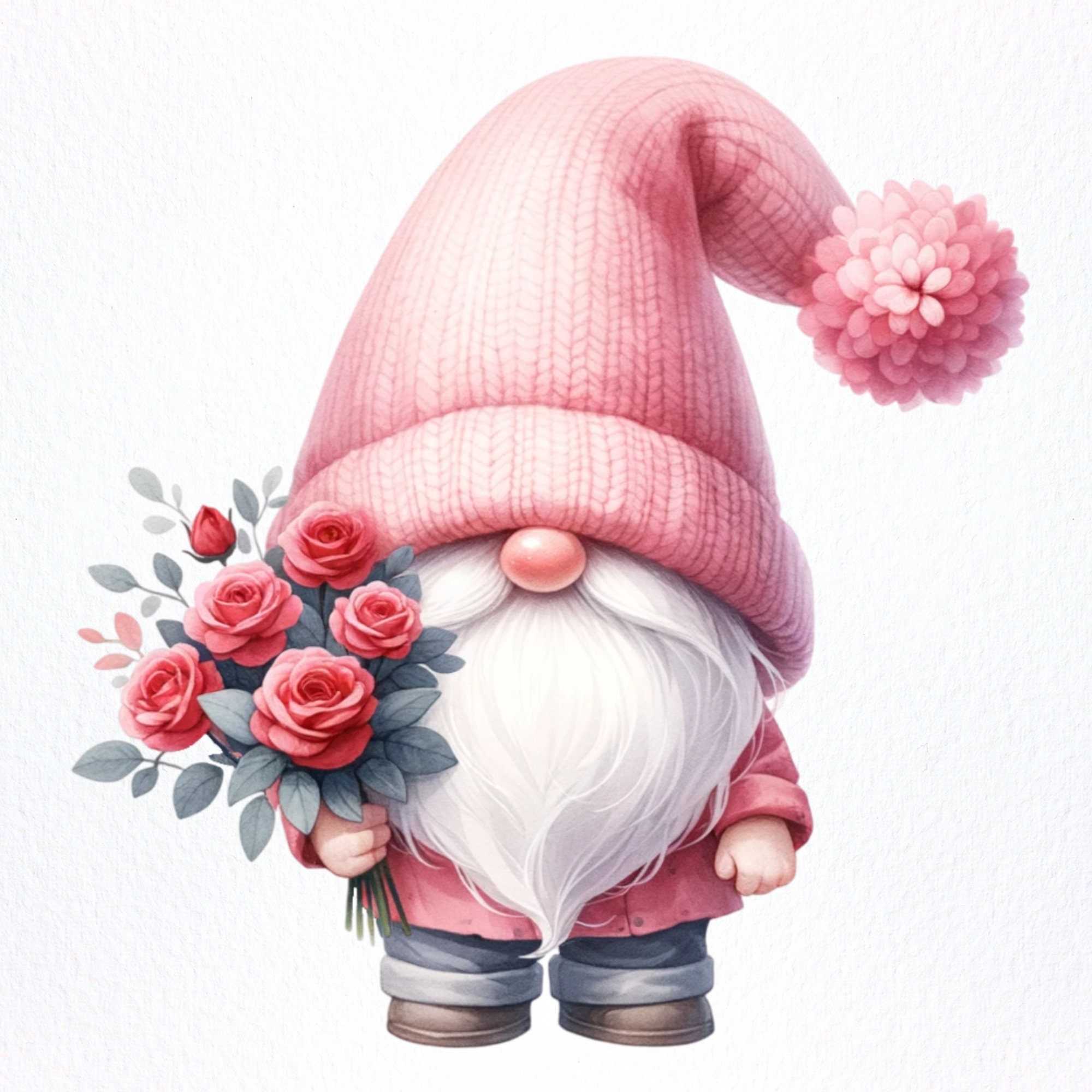 Watercolor Gnome With Pink Rose Clipart 10 High-quality Pngs Digital ...