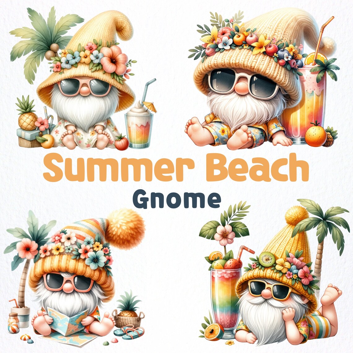 Watercolor Summer Beach Gnome Clipart Bundle 20 High-quality Pngs ...