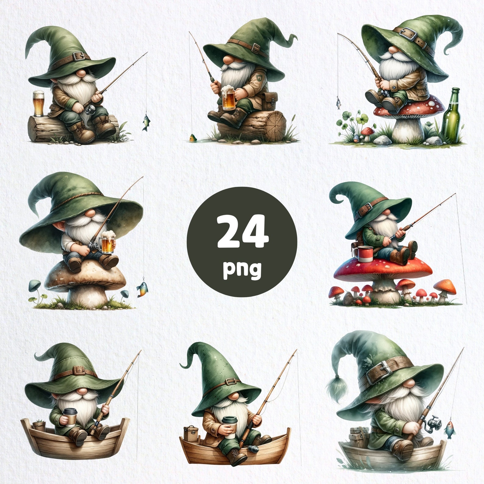 Watercolor Fishing Gnomes, Fisherman Gnome Png, Fly Fishing Gnomes ...