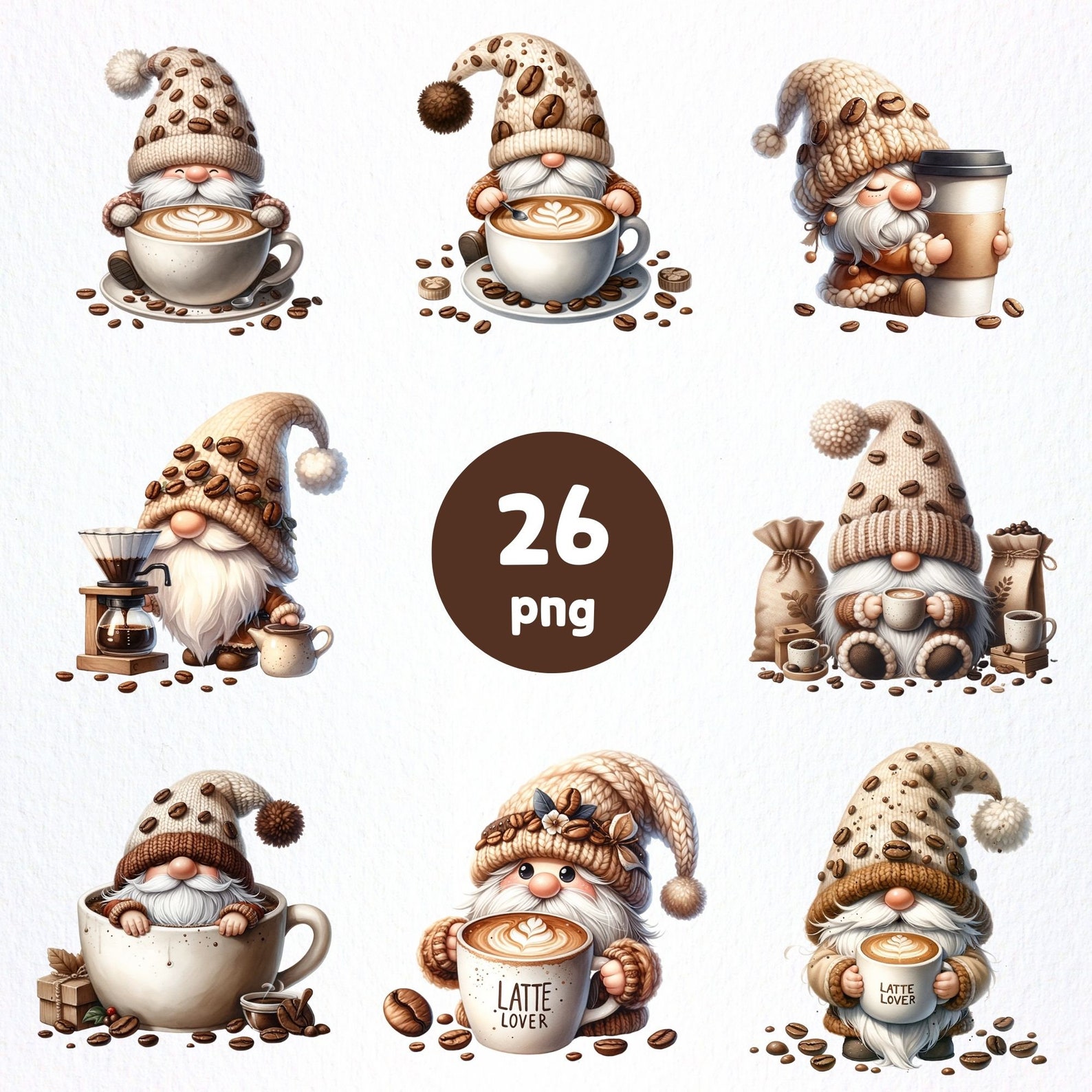 Watercolor Coffee Lover Gnomes, Coffee Gnomes Png, Coffee Beans Gnome ...