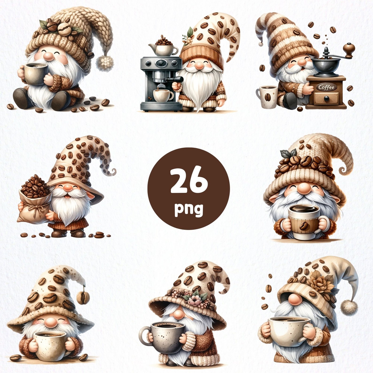 Watercolor Coffee Lover Gnomes, Coffee Gnomes Png, Coffee Beans Gnome ...