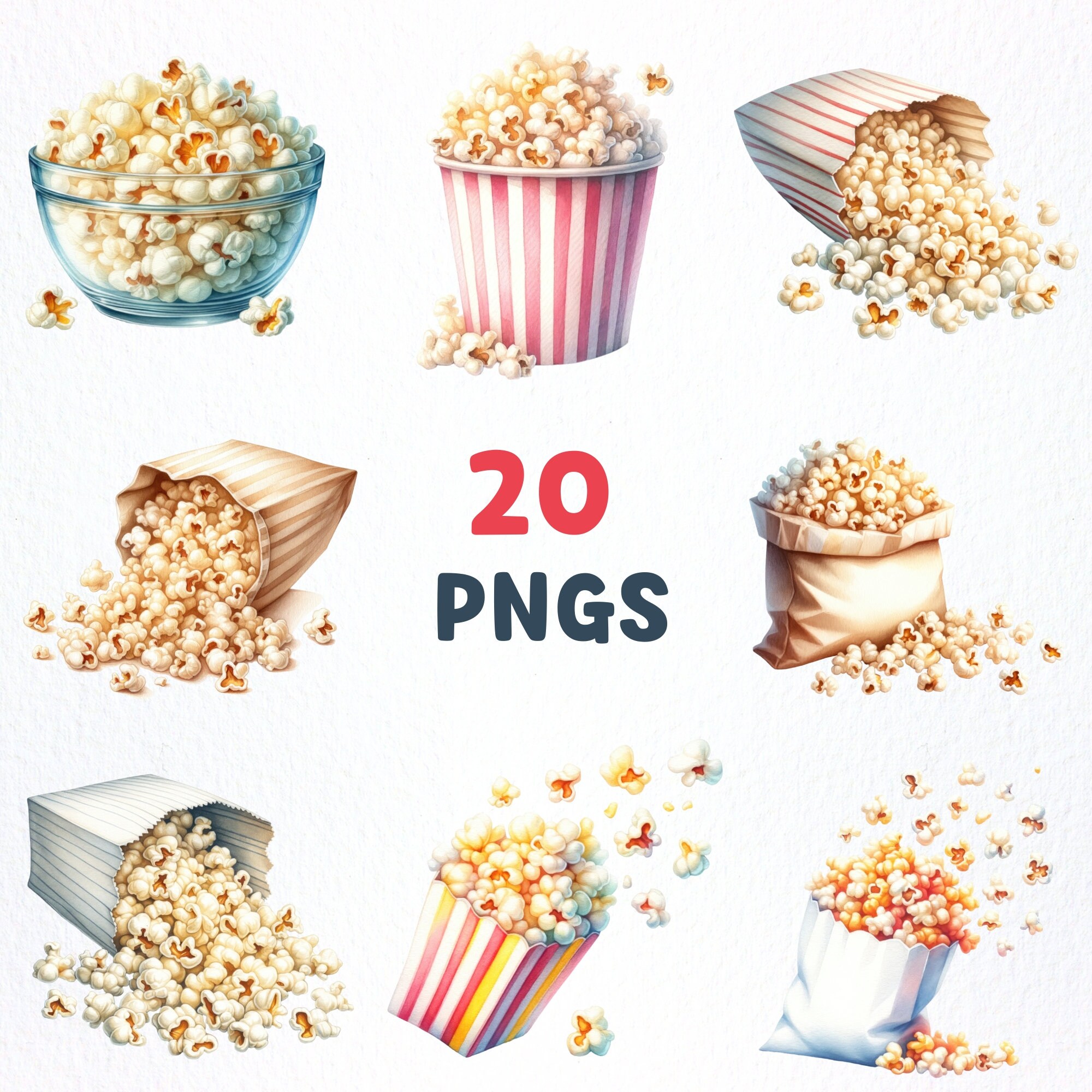 Watercolor Popcorn Clipart Bundle 20 High-quality Pngs Popcorn Clipart ...