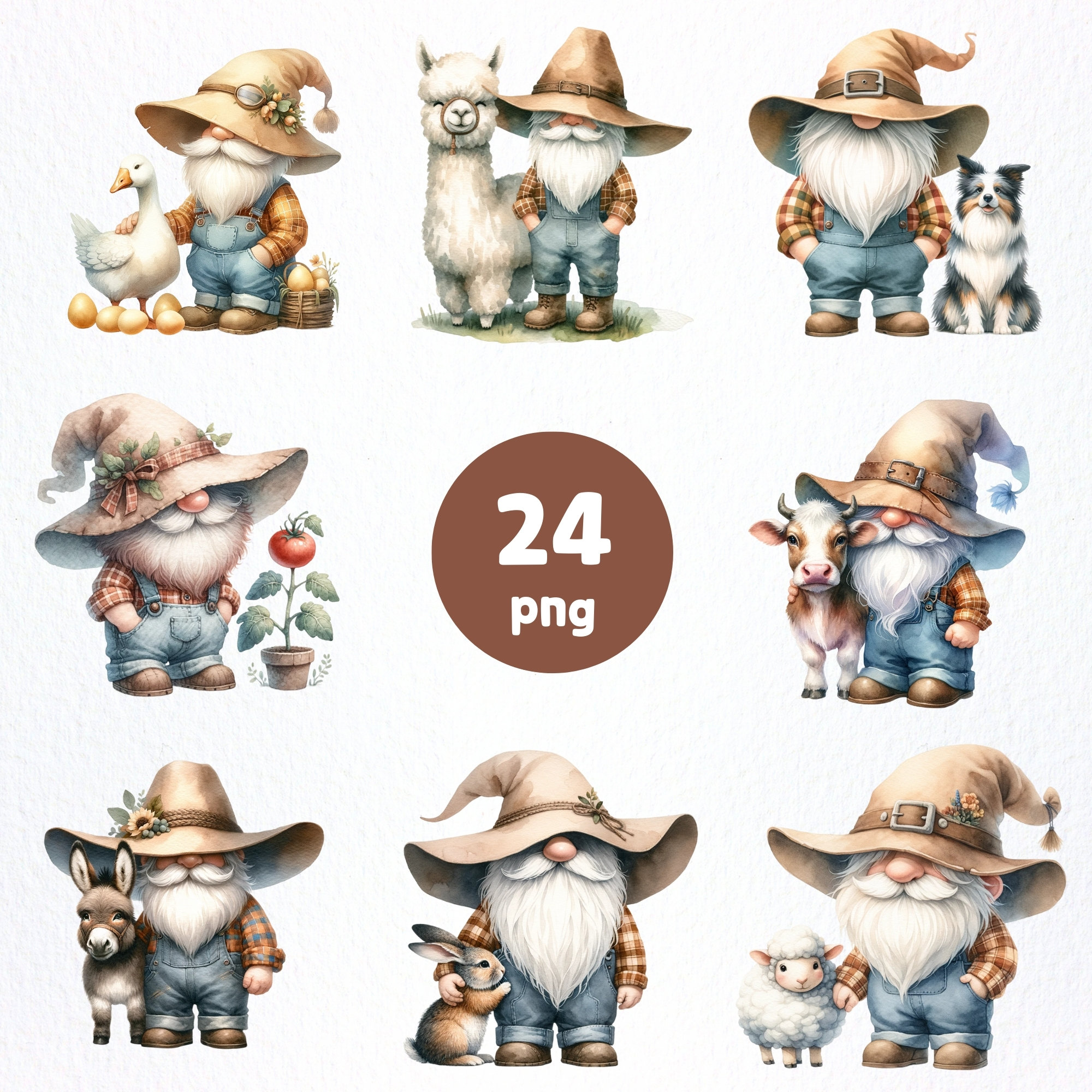 Watercolor Animal Farm Gnomes, Animal Farm Gnome Png, Farmer Gnomes ...