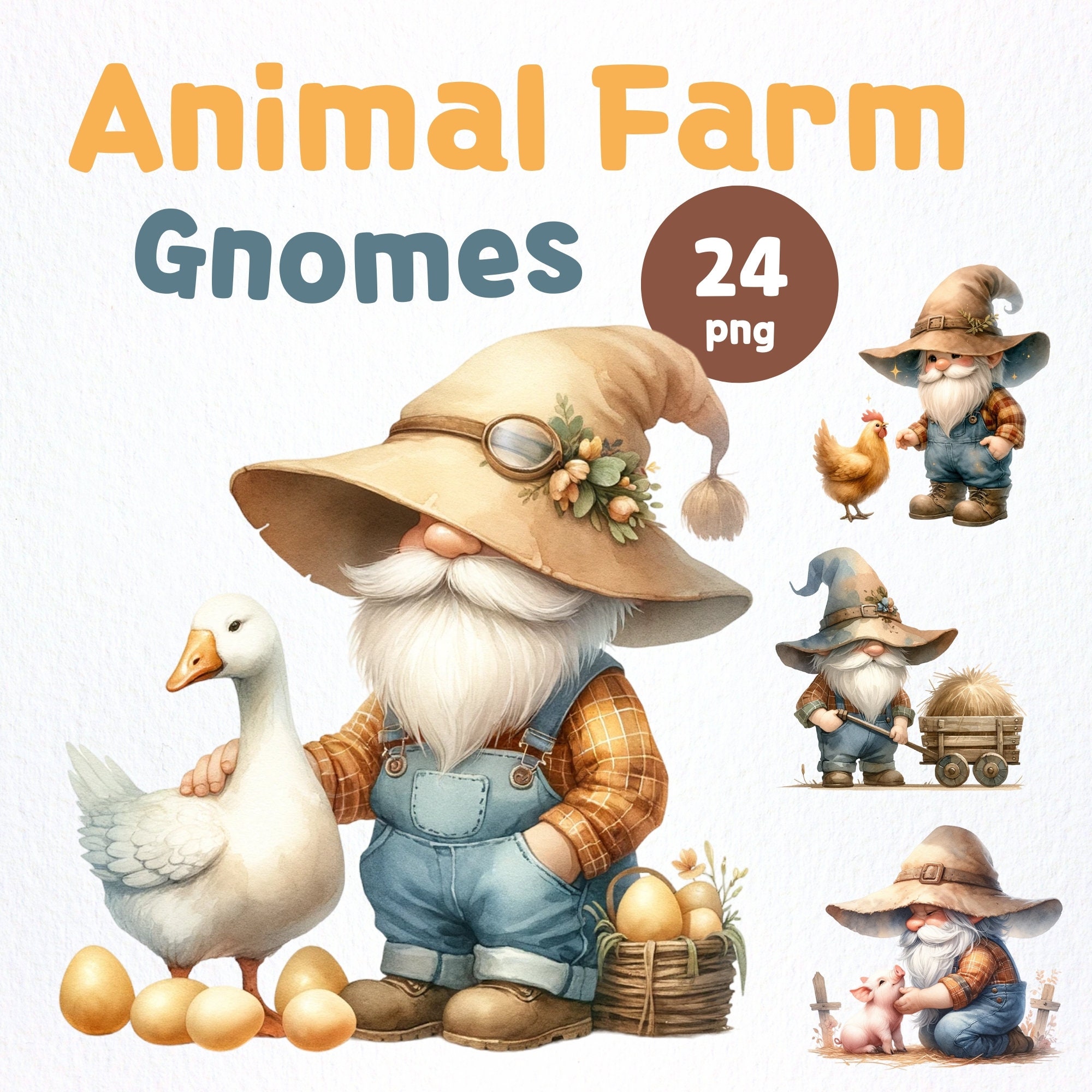 Watercolor Animal Farm Gnomes, Animal Farm Gnome Png, Farmer Gnomes ...