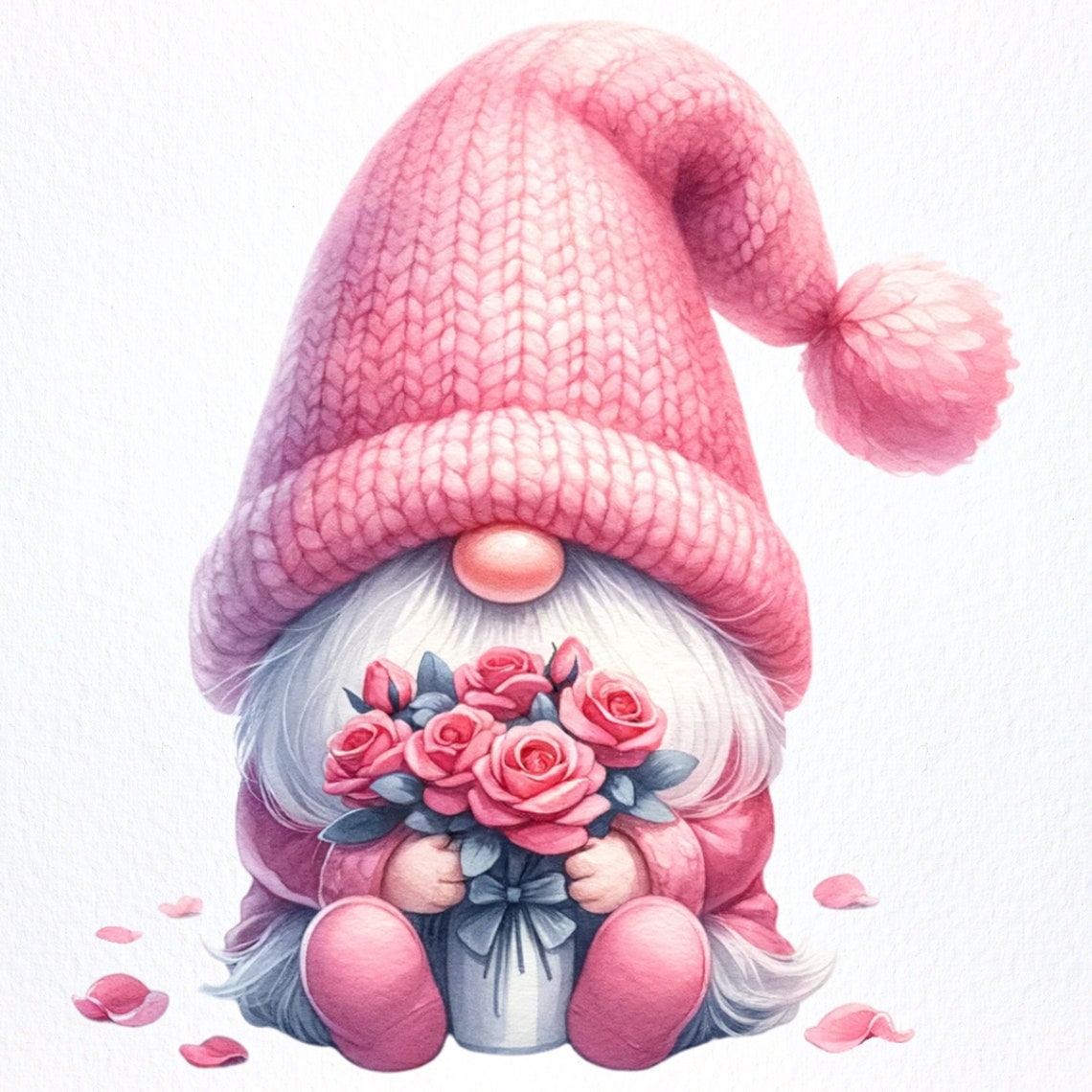 Watercolor Gnome With Pink Rose Clipart 10 High-quality Pngs Digital ...