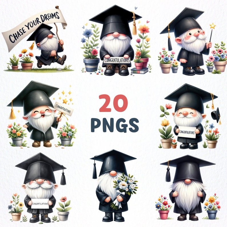 Watercolor Graduation Gnome Clipart PNG Bundle | 20 High-quality Pngs ...