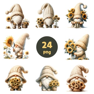 Watercolor Sunflower Gnomes, Gnome With Flowers Png, Garden Gnomes ...