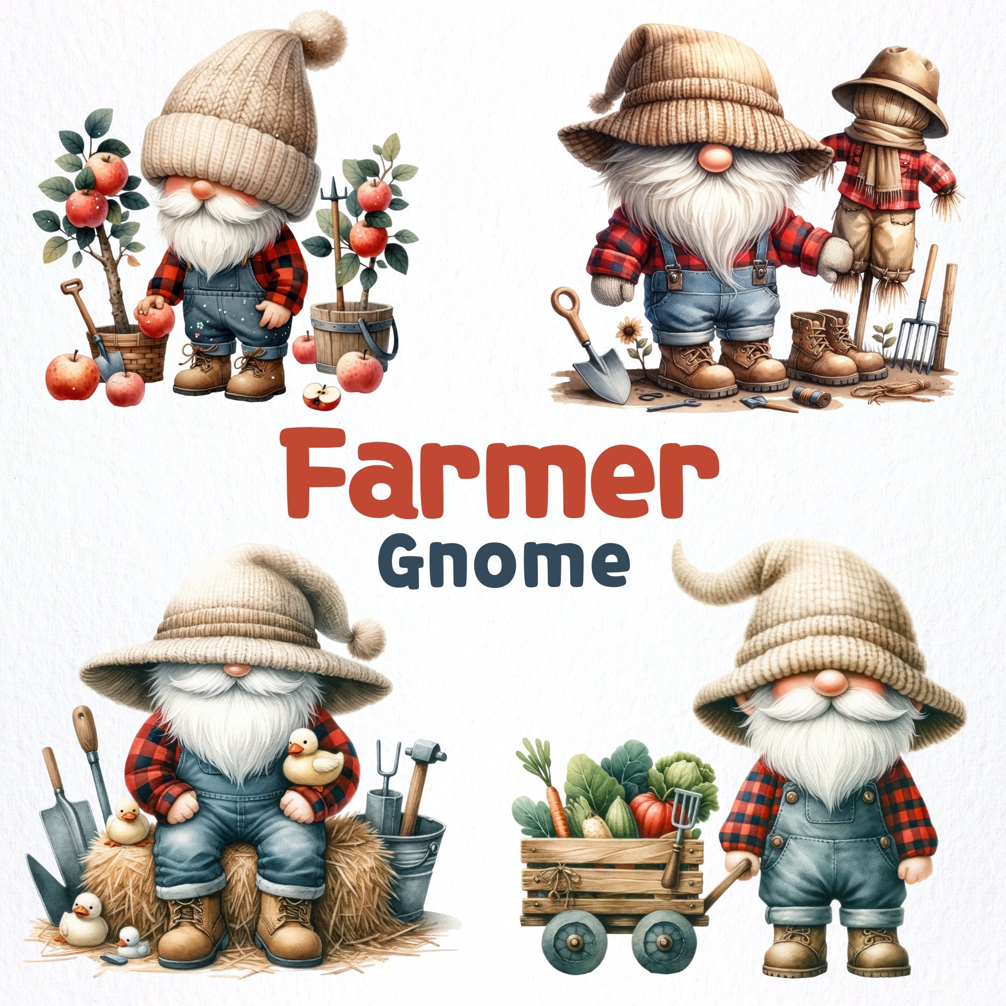 Watercolor Farmer Gnome Clipart PNG Bundle 20 High-quality Pngs Wall ...