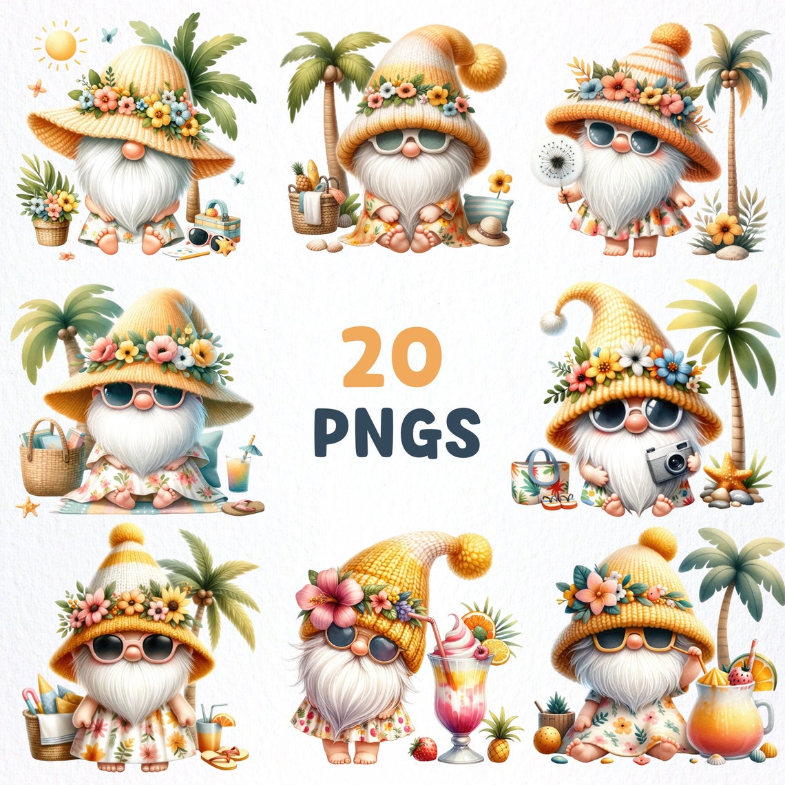 Watercolor Summer Beach Gnome Clipart Bundle 20 High-quality Pngs ...