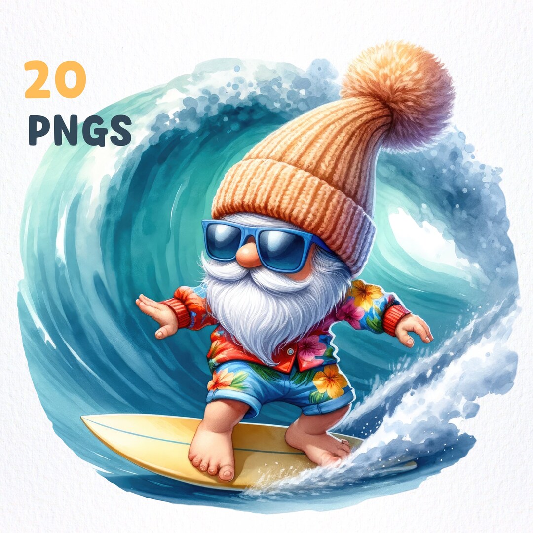 Watercolor Surf Gnome Clipart Bundle | 20 High-quality Pngs | Surfing ...