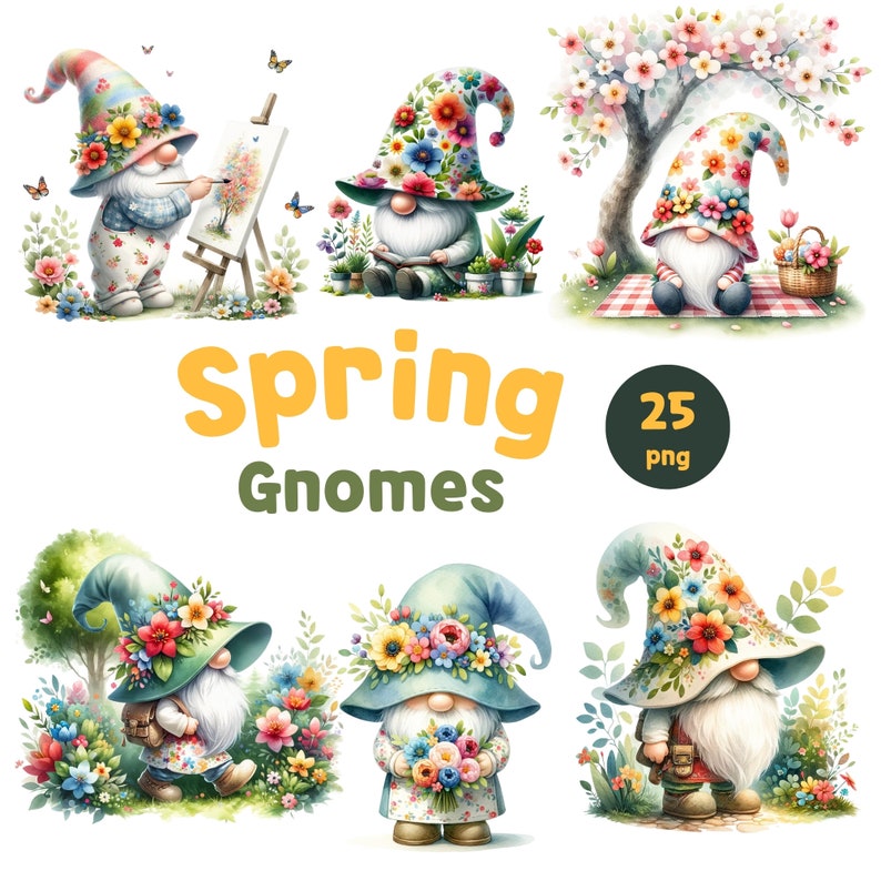 Spring Gnomes Clipart Bundle, 25 High Quality Pngs, Watercolor Clipart ...