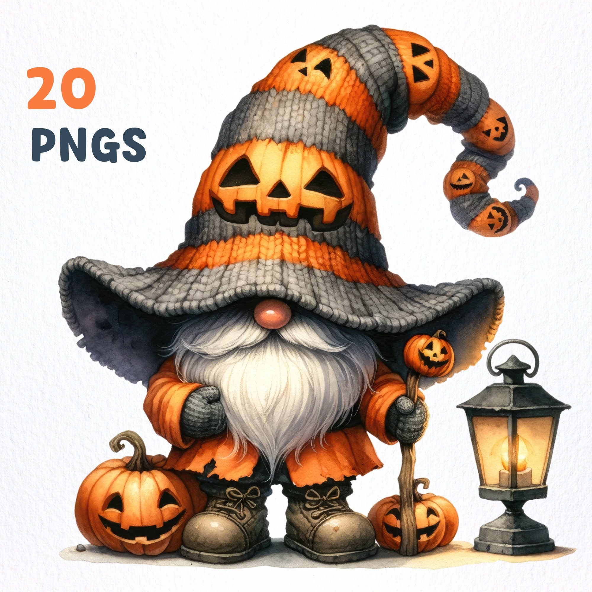 Watercolor Jack-o'-lantern Gnome Clipart PNG Bundle | 20 High-quality ...