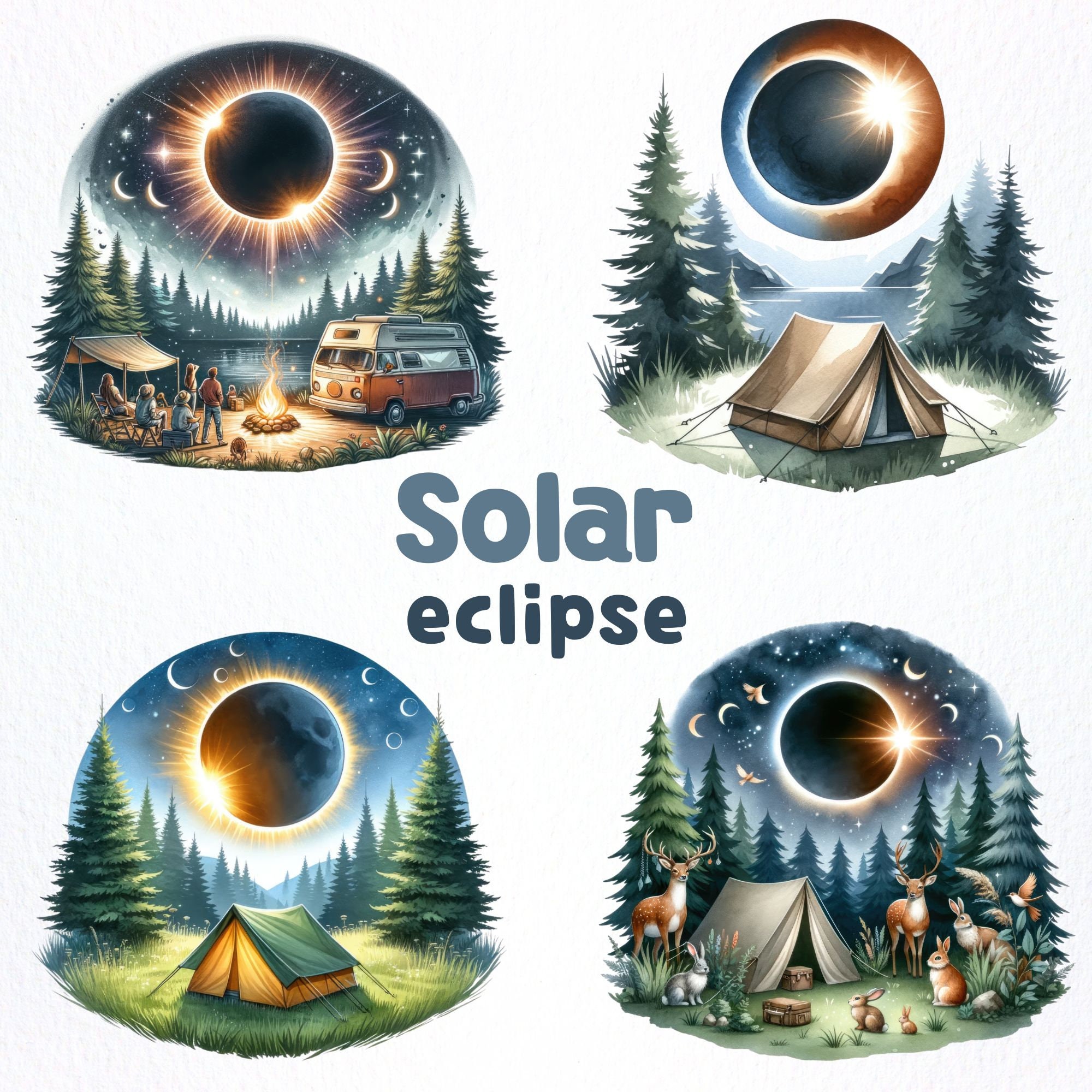 Watercolor Solar Eclipse Clipart Bundle 10 High-quality Pngs Eclipse ...