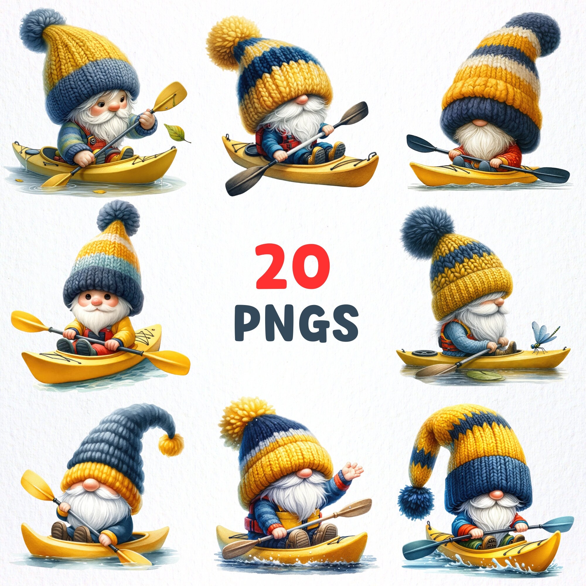Watercolor Kayak Gnome Clipart PNG Bundle 20 High-quality Pngs Nursery ...