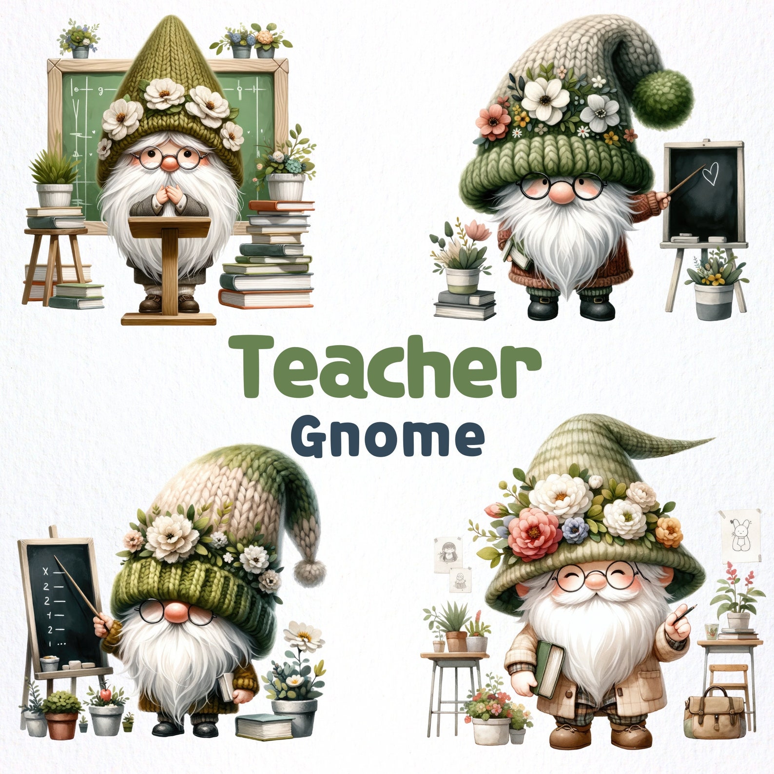 Watercolor Teacher Gnome Clipart Bundle 20 High-quality Pngs Professor ...