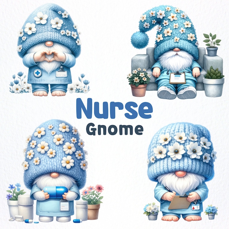 Watercolor Nurse Gnome Clipart Bundle 20 High-quality Pngs Healthcare ...